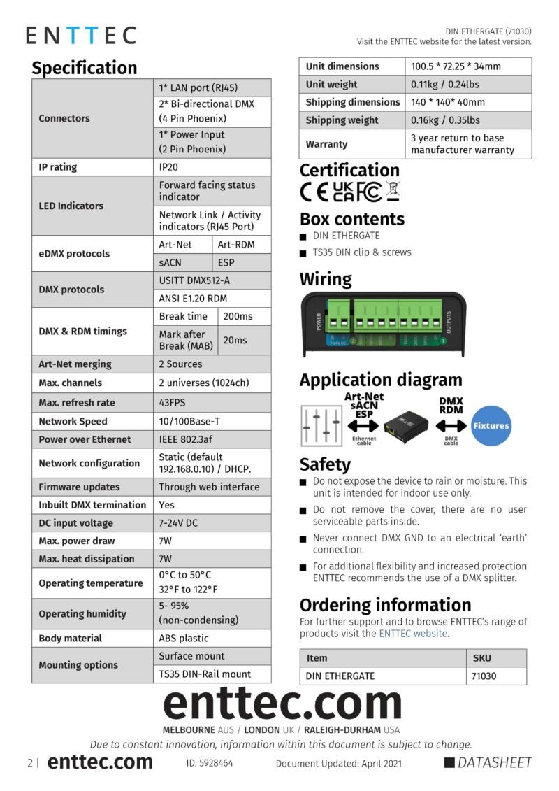 Enttec DIN Ethergate 71030, 2 Universe DIN Rail